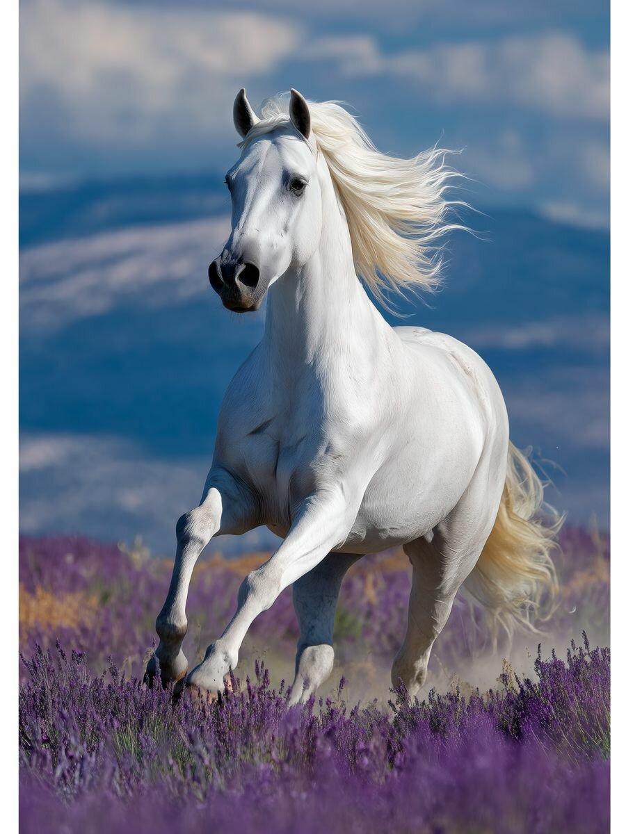 Постер "Белая лошадь скачет по полю". А3 (297*420) мм. Заламинирован.