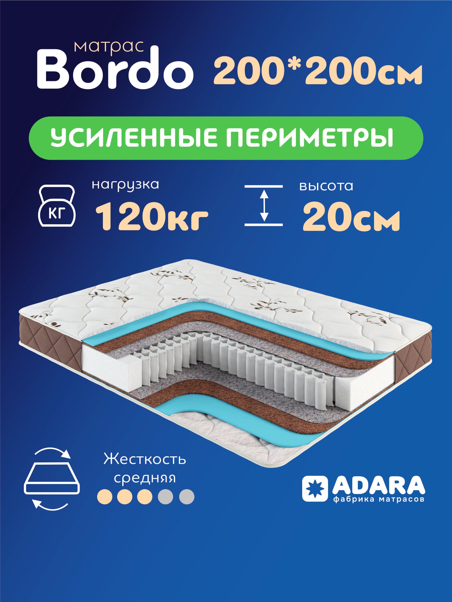 Матрас ADARA DREAMS Sleep Bordo, ортопедический, гипоаллергенный, независимые пружины, 200×200