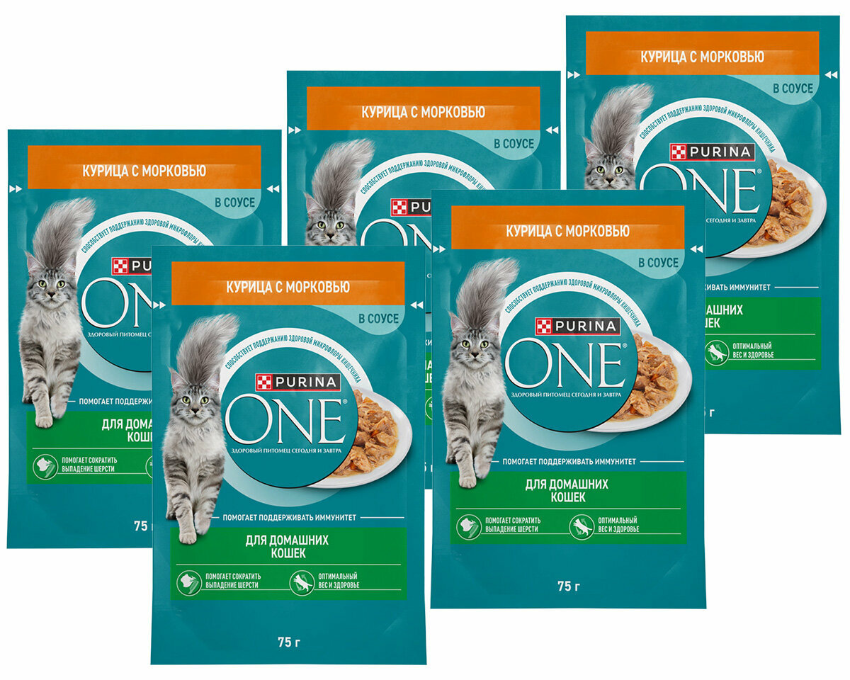 Корм влажный Purina One для взрослых кошек, живущих дома, с курицей и морковью в соусе пауч 75 гр х 5 шт