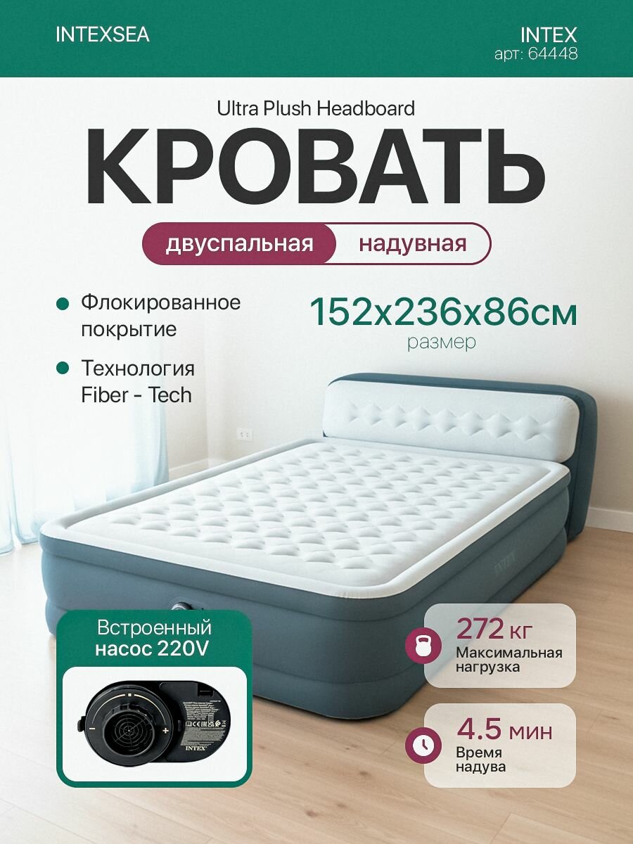 Кровать надувная Ultra Plush Intex 64448152х236х86 см со встроенным насосом 220-240V