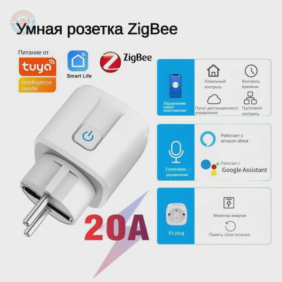 Умная WiFi розетка Tuya Smart Life для удалённого управления бытовой техникой, голосовое управление Alexa Google Assistant, мониторинг энергопотребления, защита от перегрева