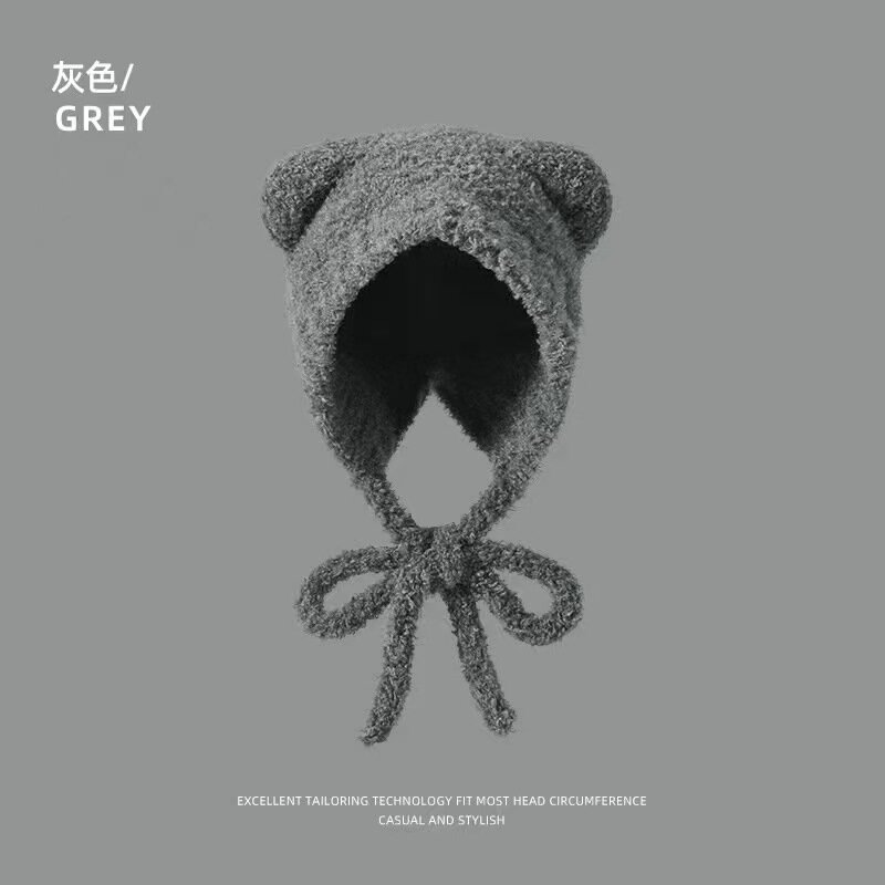 Милая вязаная пуловерная шапка с ушками плюшевого мишки для женщин на осень и зиму, теплая шерстяная шапка с большой окружностью головы, защита ушей
