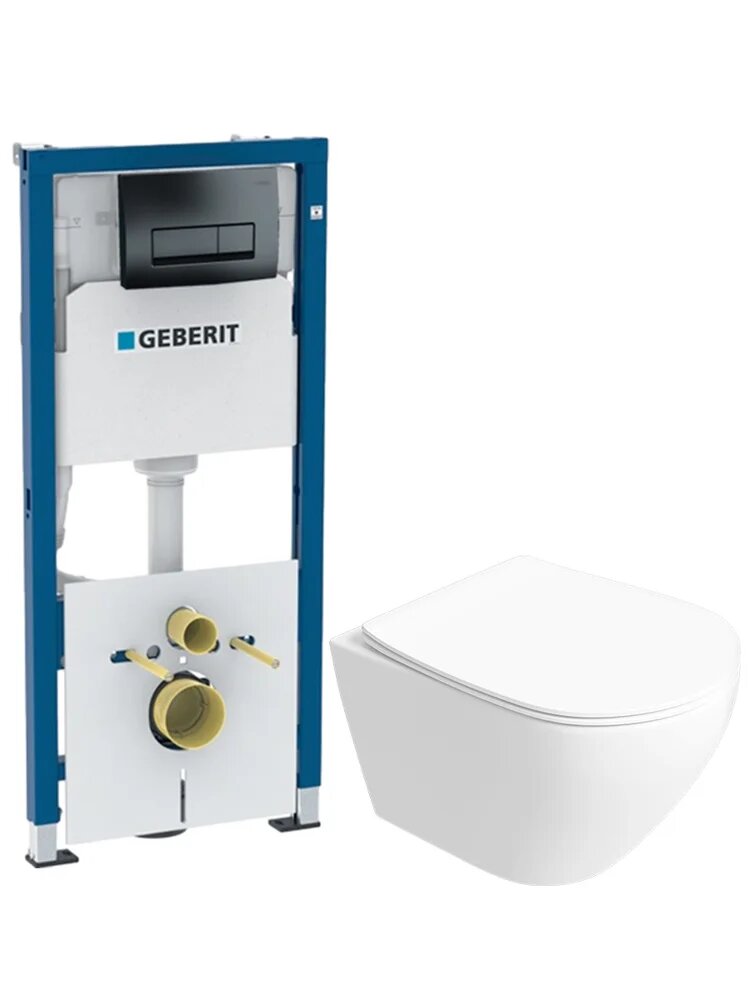 Комплект 4 в 1: Инсталляция Geberit Delta 50 458.128. DW.1 / Унитаз подвесной STWORKI Кронборг S28401WH / Кнопка черная, Комплект шумоизоляции, креплений