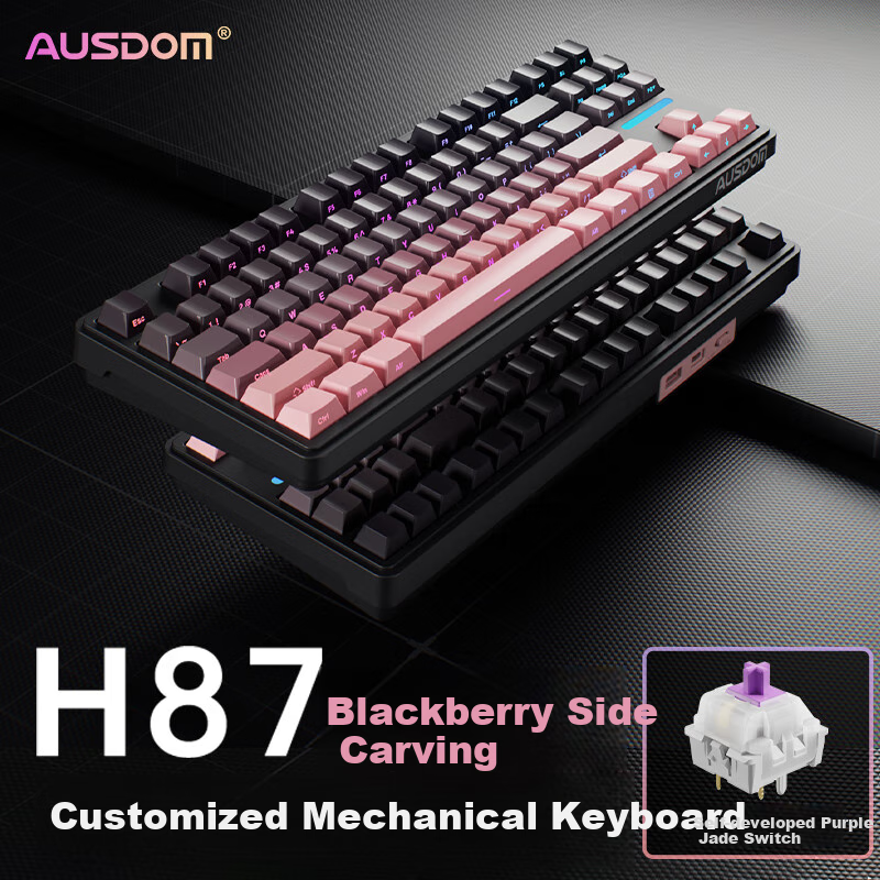 AUSDOM H87 Mechanical Keyboard Wireless Bluetooth Wired Three Modes Gasket Customized 6-Layer Filling Gaming Esports Office Computer 5000mAh Blackberry Pink Side Engraved Amethyst Switch