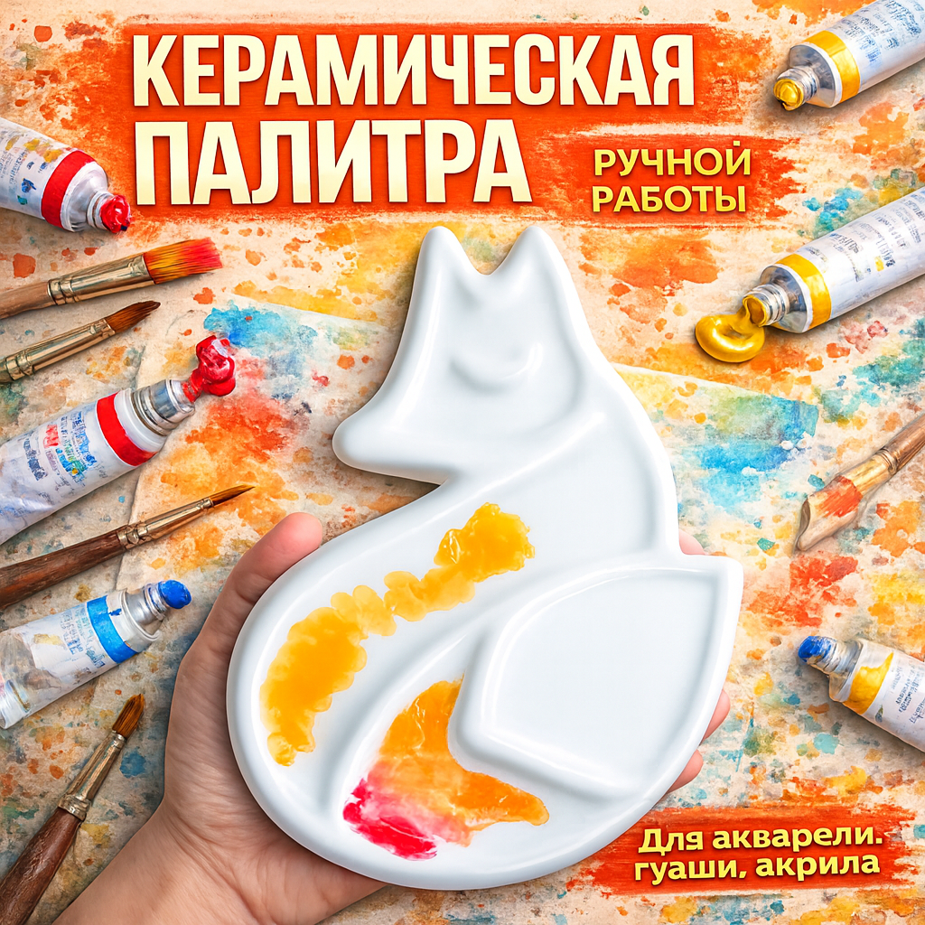 Палитра "Лиса" для смешивания краски, для рисования акварелью, акрилом, гуашью. Ручная работа. 190х150х10 мм. Школьные принадлежности.