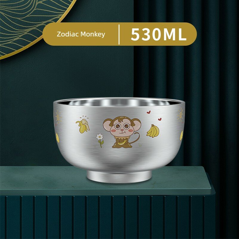 Детская миска из нержавеющей стали 304 с крышкой, дизайн обезьяны, 530 мл, устойчивая к теплу, несгибаемая, подходит