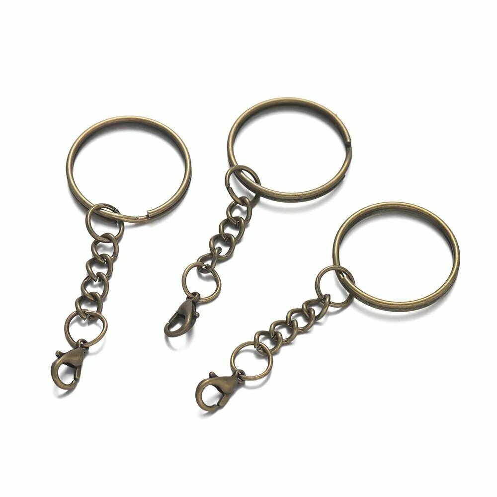Фурнитура для брелков , кольцо плоское с цепочкой и карабином 25 мм, 10 штук, цвет бронза