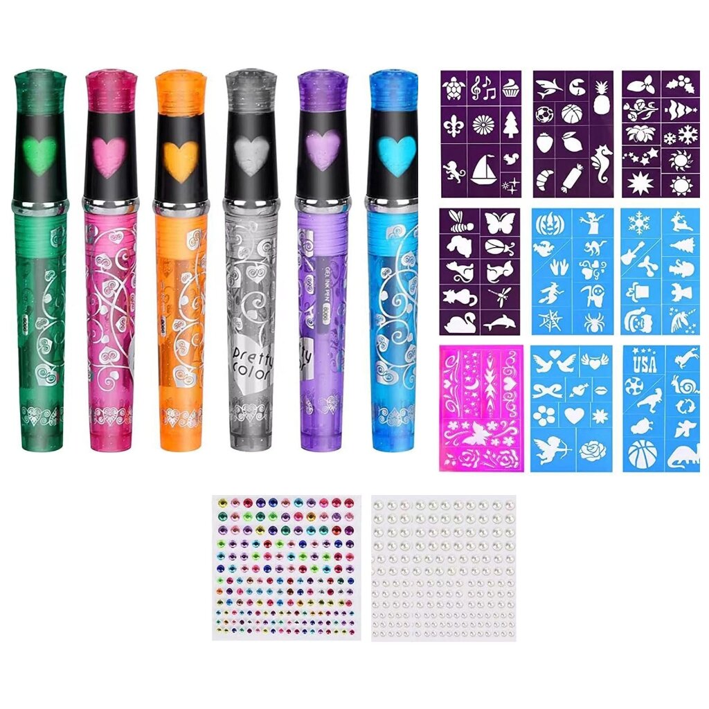 Маркер Для Боди-Арта Для Лица Для Детей и Взрослых, 6 Цветных Временных Маркеров Для Тела с 9 Трафаретами и Наклейкой