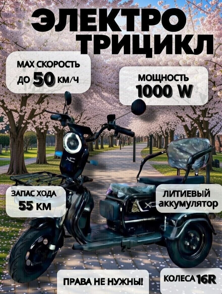 Электротрицикл-вездеход 1000W, скорость до 50 км/ч, с грузовым багажником