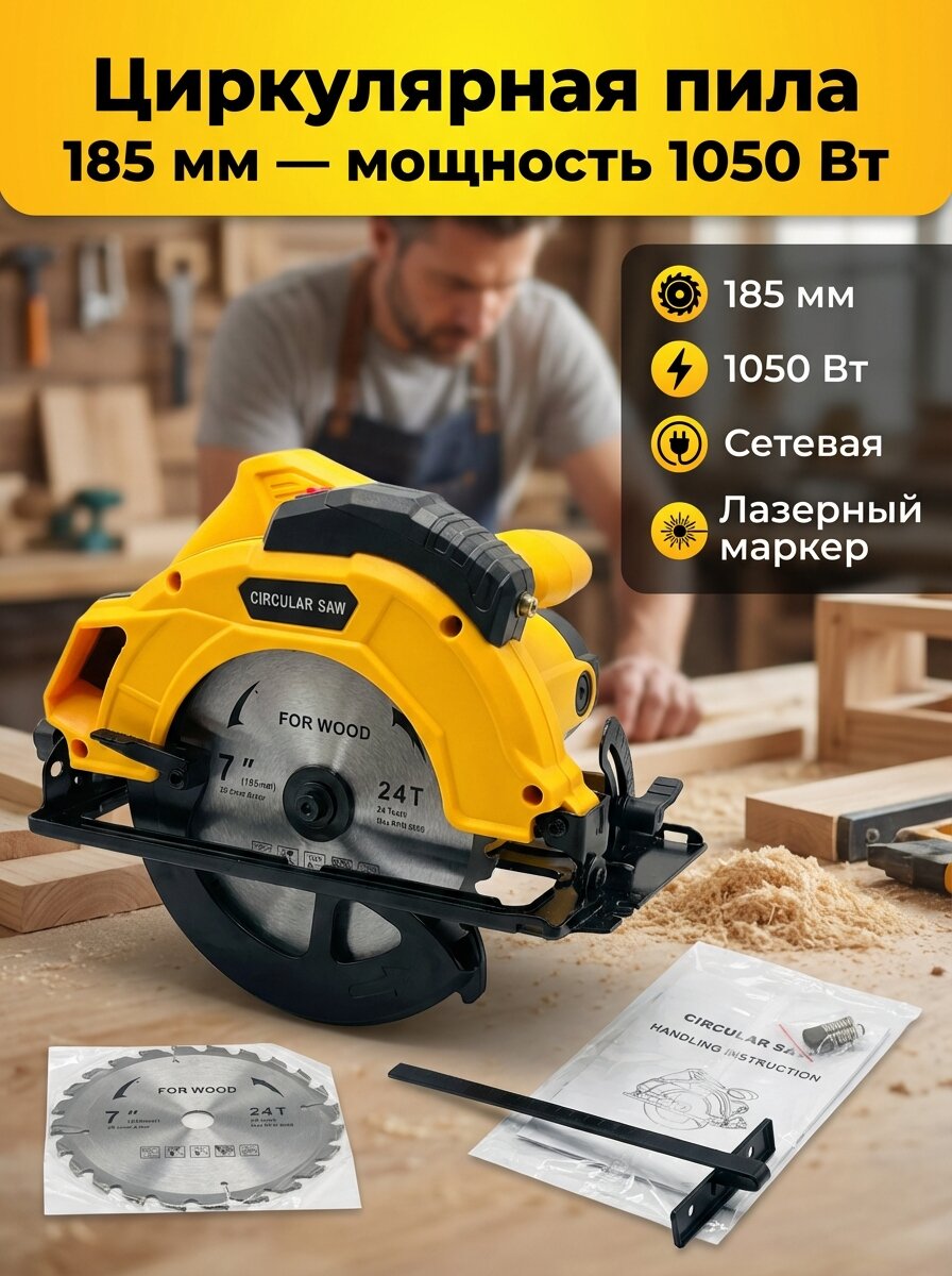 Пила циркулярная с лазером, сетевая, 185 мм, мощность 1050Вт