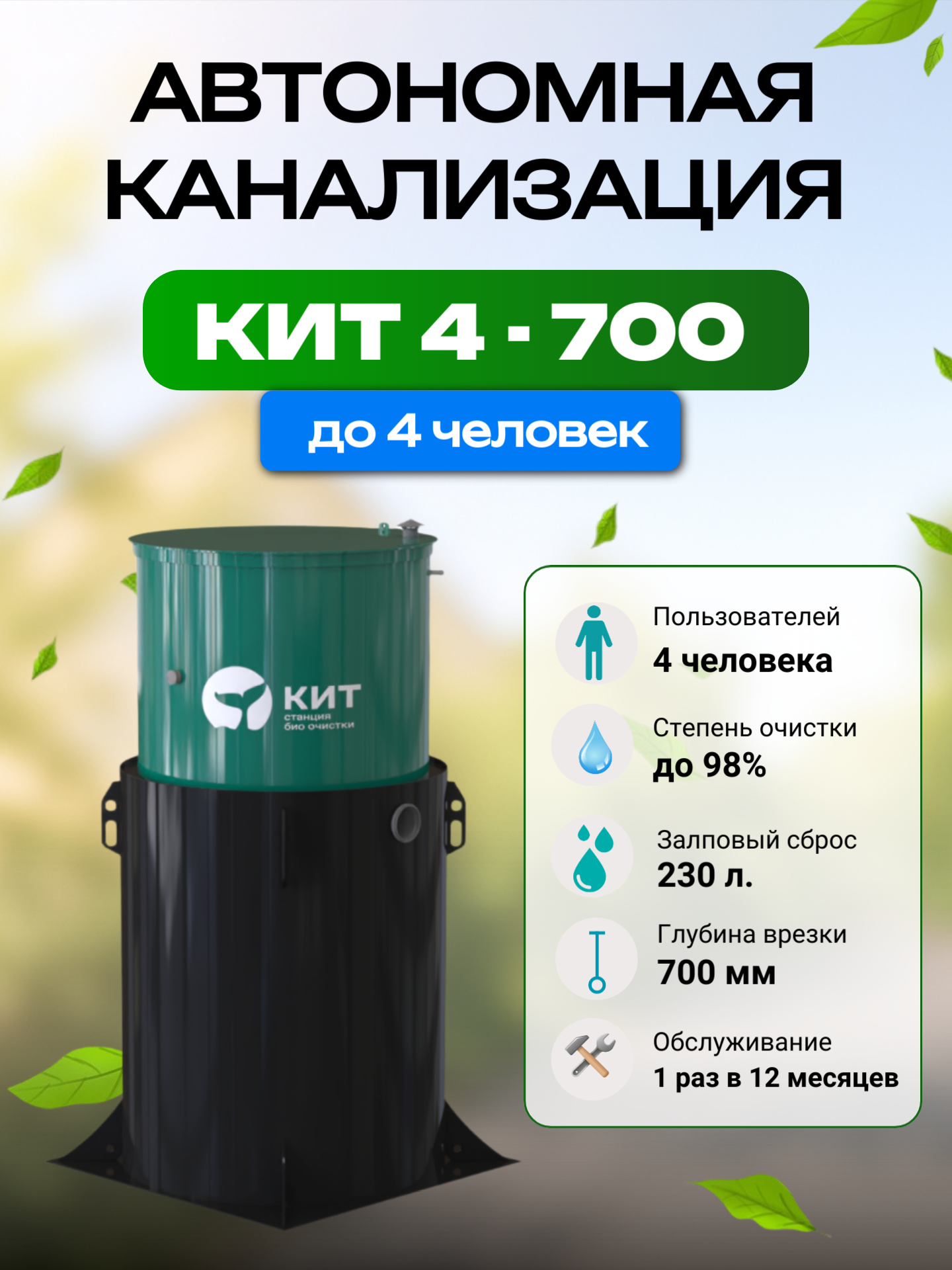 Септик КИТ-4-700 для дома и дачи, глубина врезки 700 мм, 4 пользователя, 230 л залповый сброс