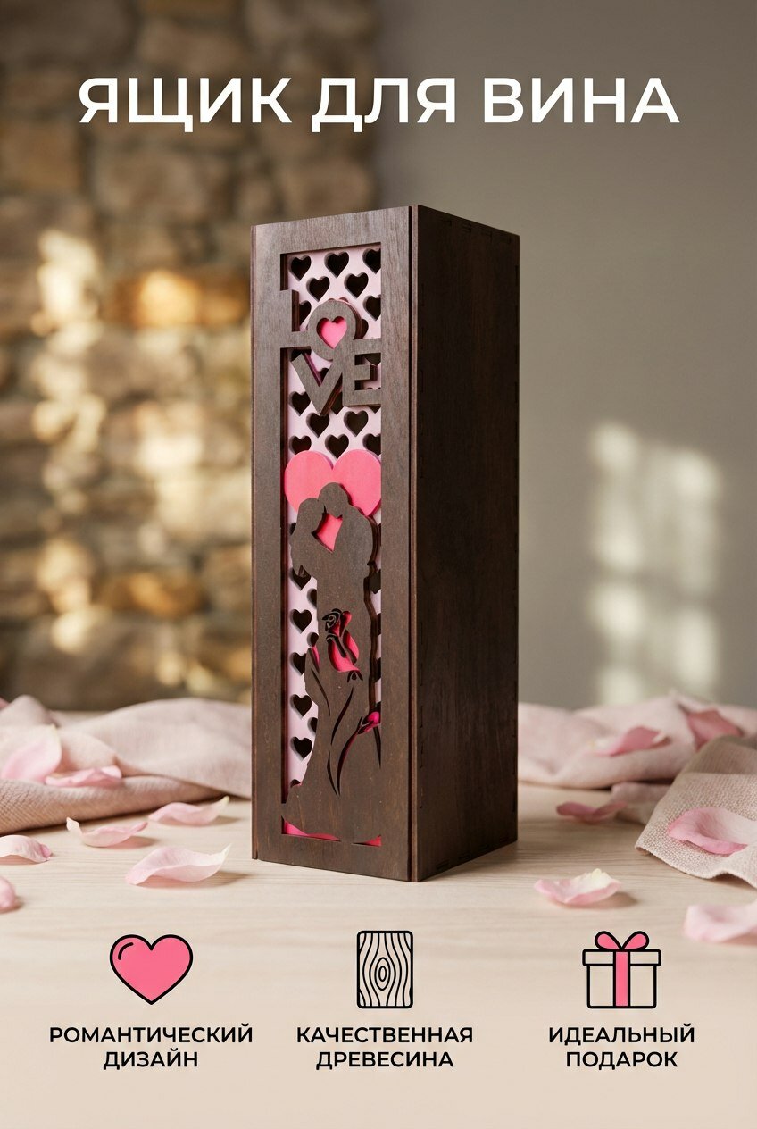 Подарочная коробка LASER OK, дерево, для бутылки, коричневая с 3D узором