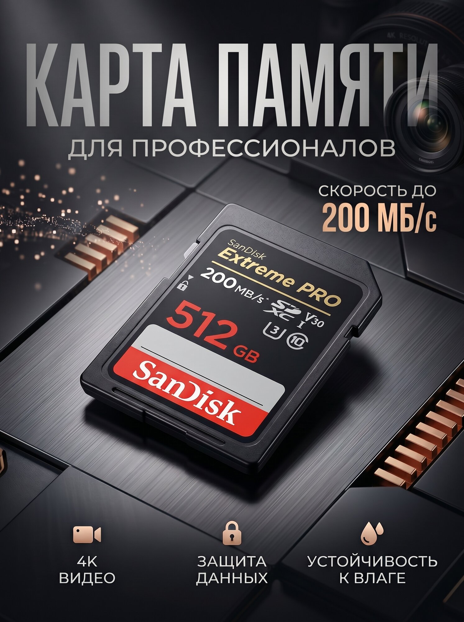 Карта памяти SanDisk SDXC 512GB Extreme Pro UHS-I V30 U3 200/140 MB/s