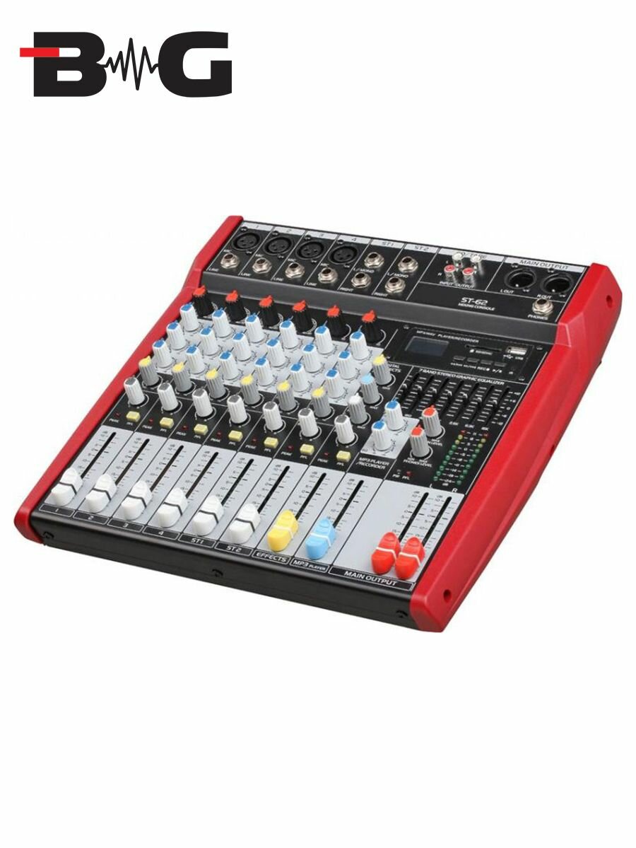 Микшерный пульт профессиональный 4 моно, 2 стерео, BG ST-62, USB/SD MP3 плеер, процессор эффектов, 7 полосный эквалайзер