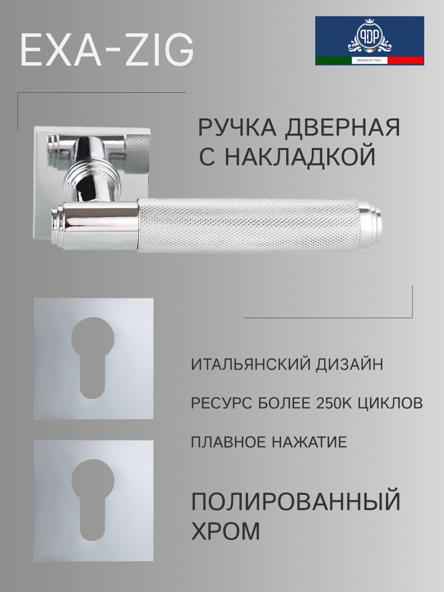 Дверная ручка межкомнатная с накладкой под цилиндр PDP EXA ZIG Полированный хром