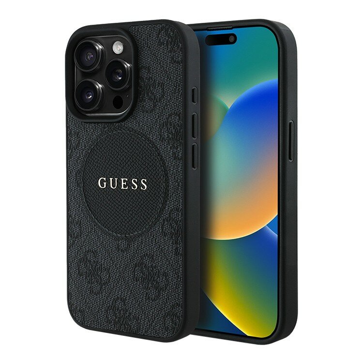 Guess чехол MagSafe для iPhone 15 Pro Max, PU-кожа 4G with Round Patch черный