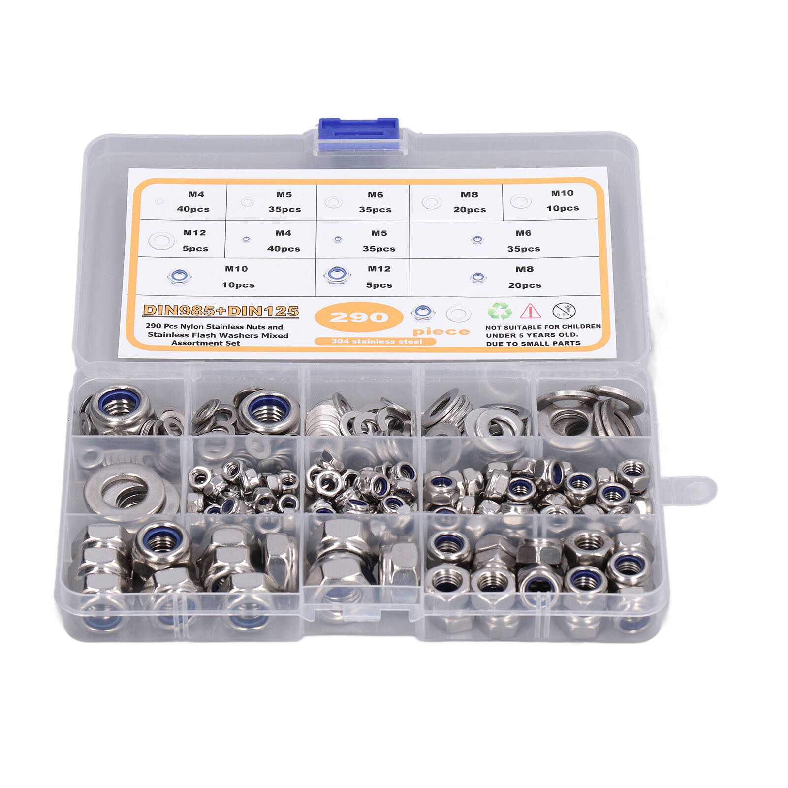 Набор из 290 шайб из нержавеющей стали 304, нейлоновые стопорные гайки M4 M5 M6 M8 M10 M12.