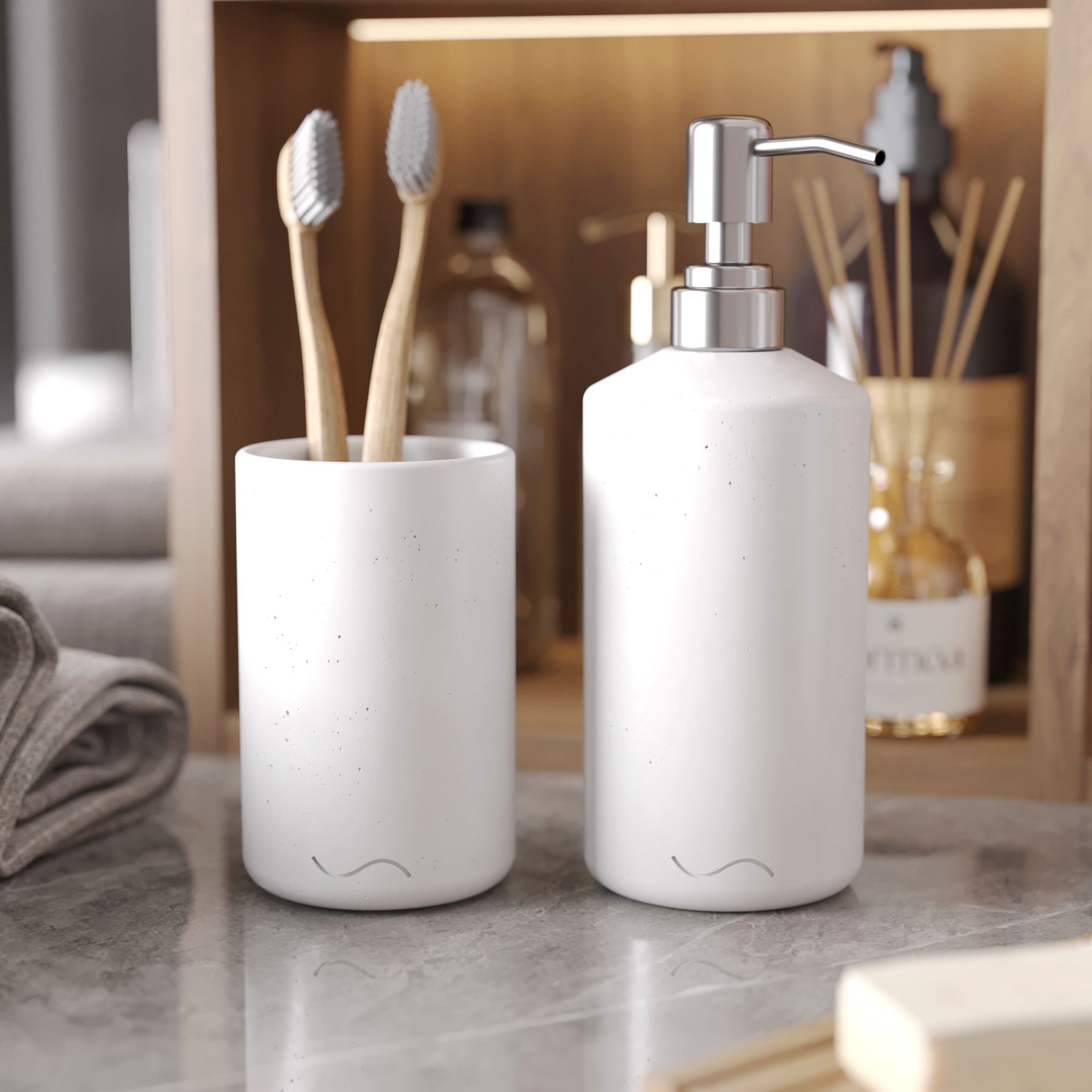 Набор для ванной Astrid Slim 01 (дозатор с металлической помпой, стакан для зубных щеток), бетон, белый глянцевый