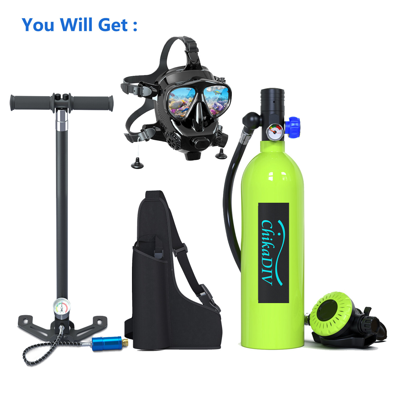 Баллон для дайвинга ChikaDIV 1 литр с маской и ручным насосом,15-20 минут, снаряжение для подводного отдыха на природе