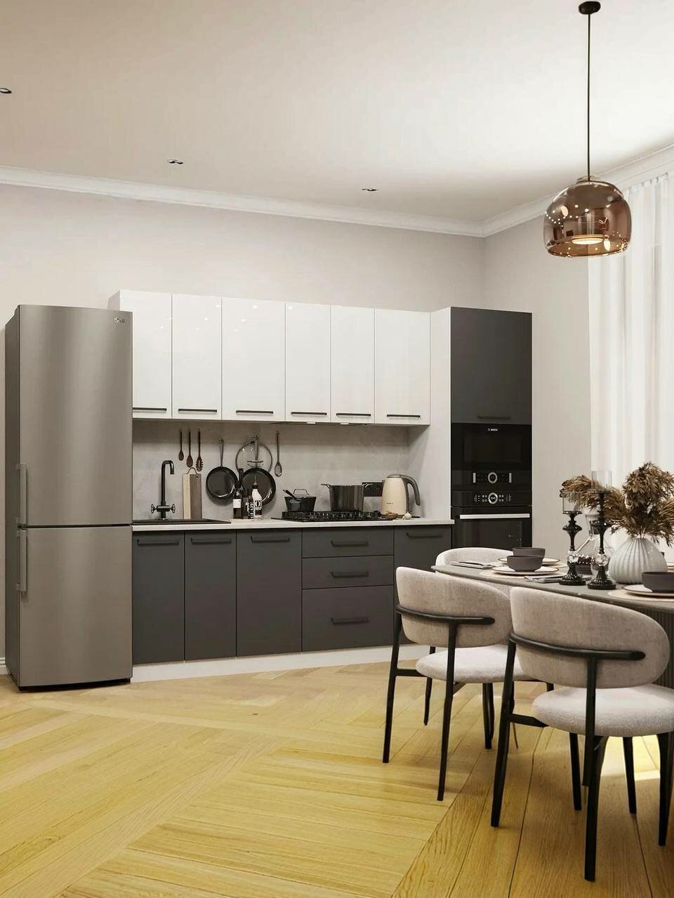 Модульная кухня прямая ЛДСП 2,6м белый глянец/графит со столешницей с пеналом П2.4