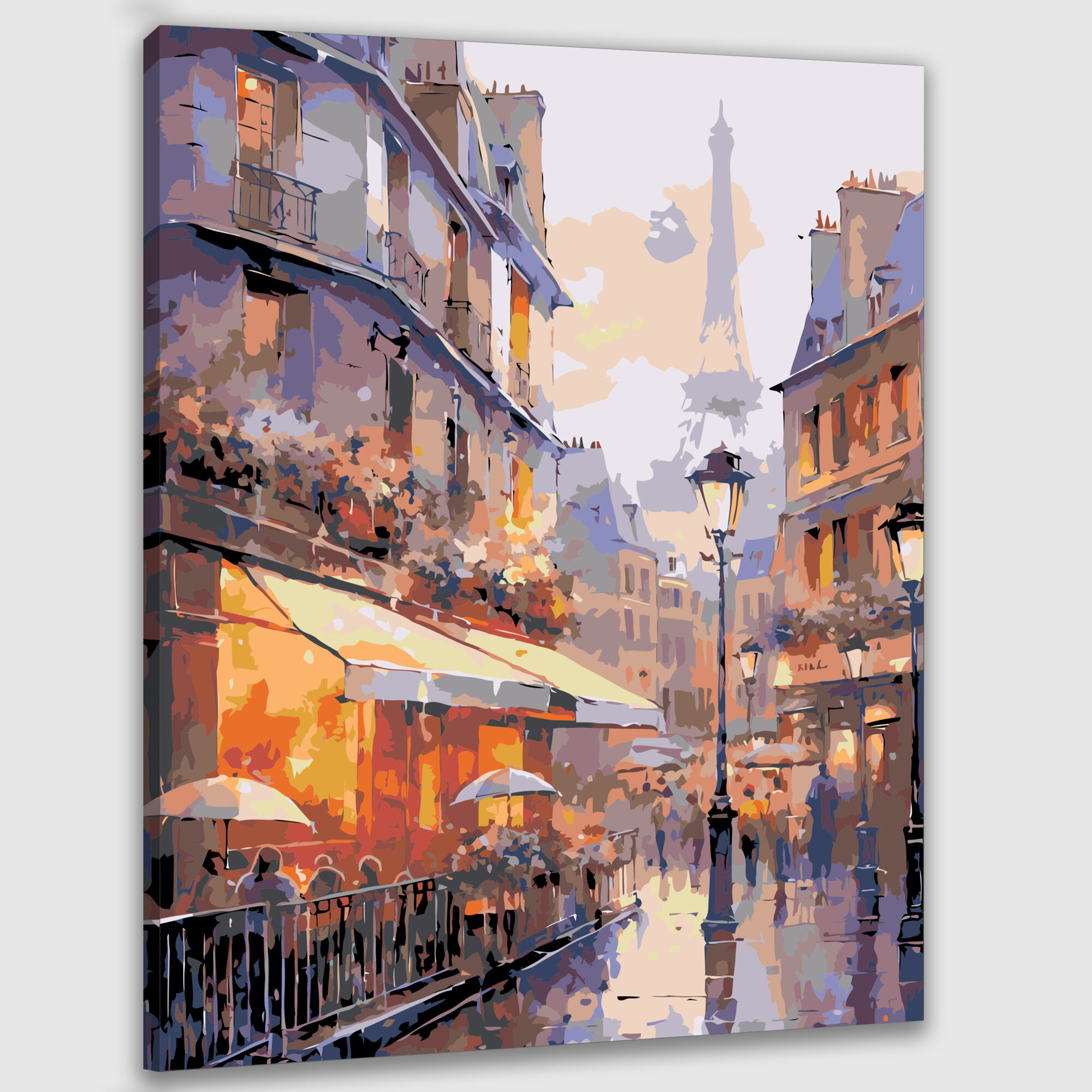 Картина по номерам 40x50 см, акварель, городской пейзаж, мощеные улочки, кафе, магазины, люди, цветы, фонари, закат
