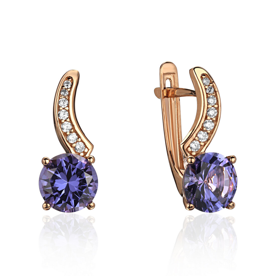 Серьги, красное золото, 585 проба, фианит, танзанит