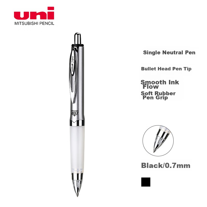 Mitsubishi (Uni) Retractable Gel Pen for Students, Exams, Office, And Signing, Soft Rubber Grip UMN-207GG, Silver Barrel, Black Ink, 1 Piece