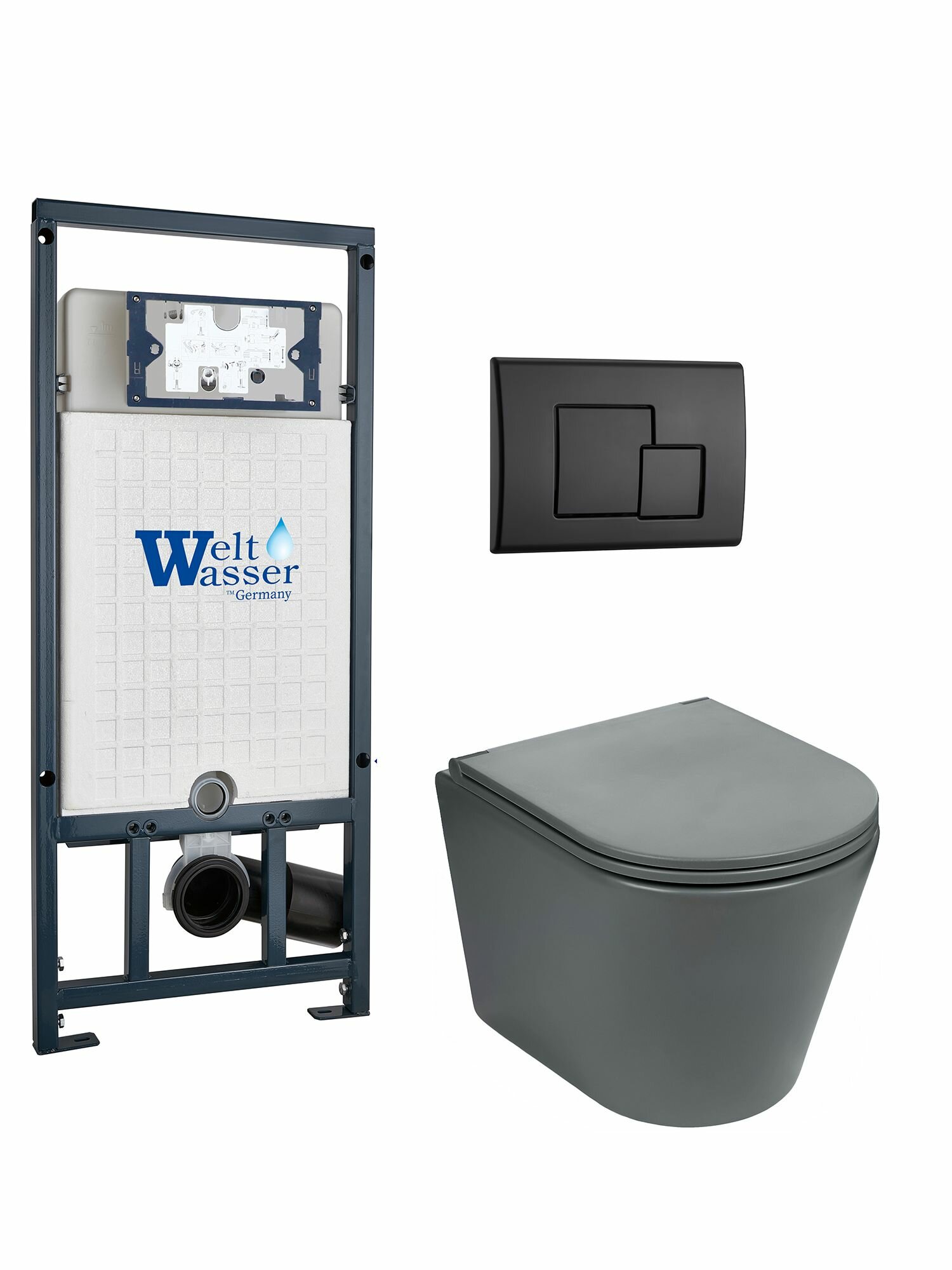 Комплект 6 в 1 WeltWasser: подвесной унитаз SALZBACH 043 MT-GR серый+кнопка смыва MAR 507 SE MT-BL черный+инсталляция MARBERG 507
