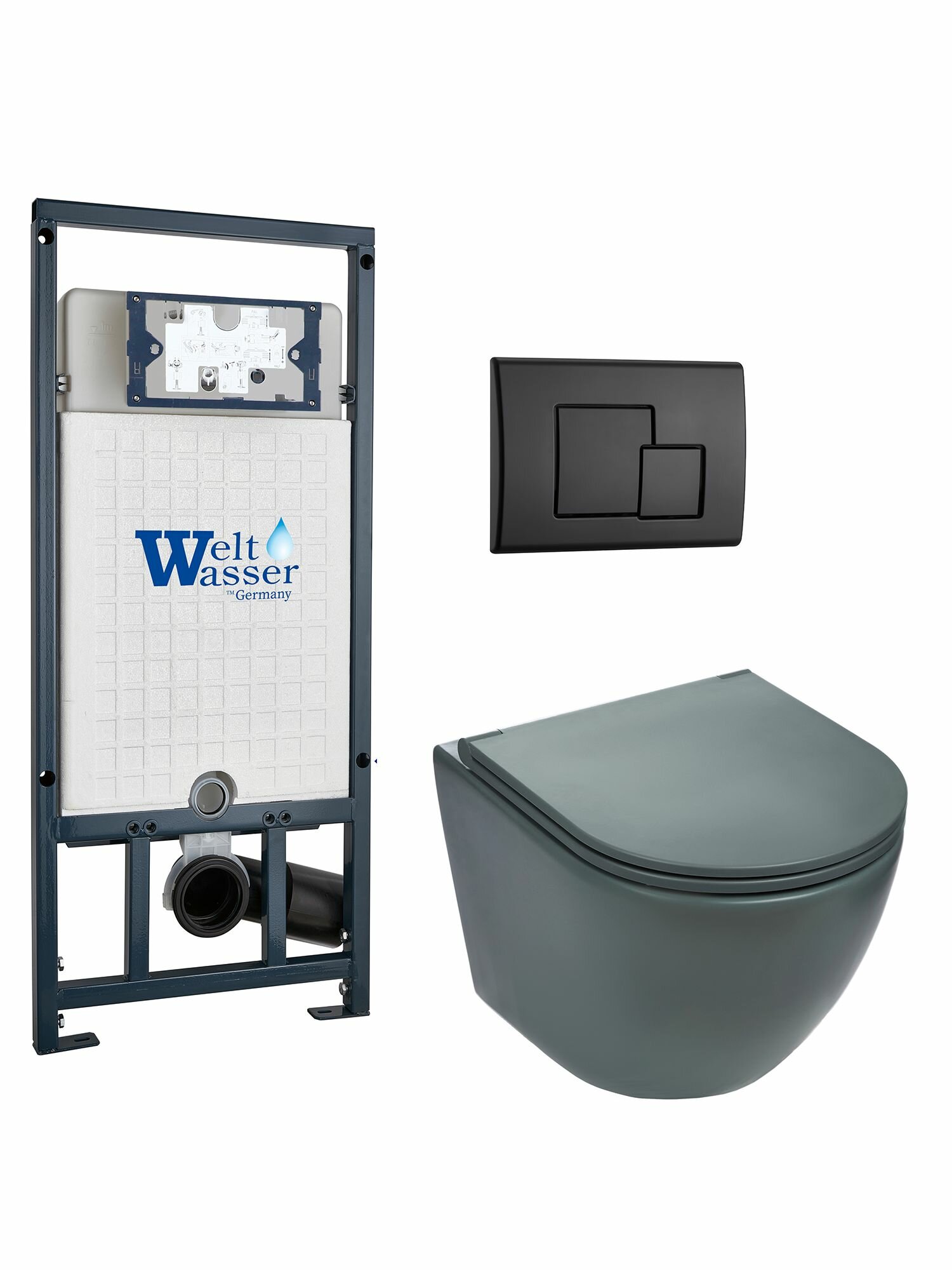 Комплект 6 в 1 WeltWasser: подвесной унитаз MERZBACH 043 MT-GR серый+кнопка смыва MAR 507 SE MT-BL черный+инсталляция MARBERG 507
