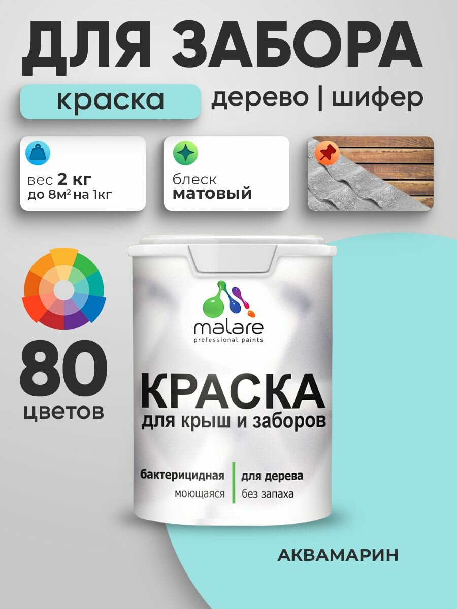 Акриловая краска Malare для деревянного забора/ по дереву для наружных и внутренних работ/ быстросохнущая моющаяся без запаха, матовая, аквамарин, 2 кг.
