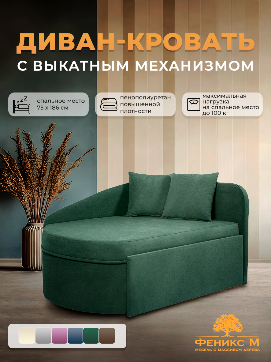 Диван кровать , Кушетка односпальная , Механизм выкатной, Цвет: зеленый, угол справа, 123*75*68