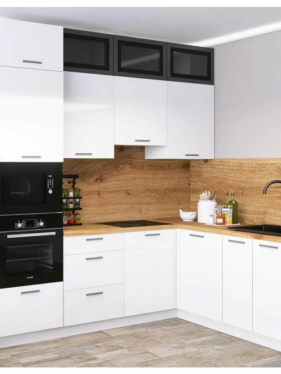 Кухонный гарнитур угловой Стрэйт 2.4х1.6 м, мебель для дома и кухни, Белый / Черный матовый / Белый глянец