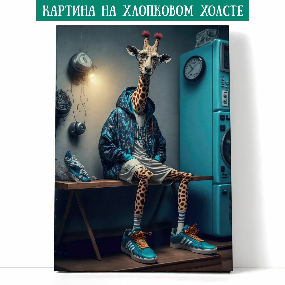 Интерьерная картина на хлопковом холсте/Жираф в кроссовках, 40х60 см