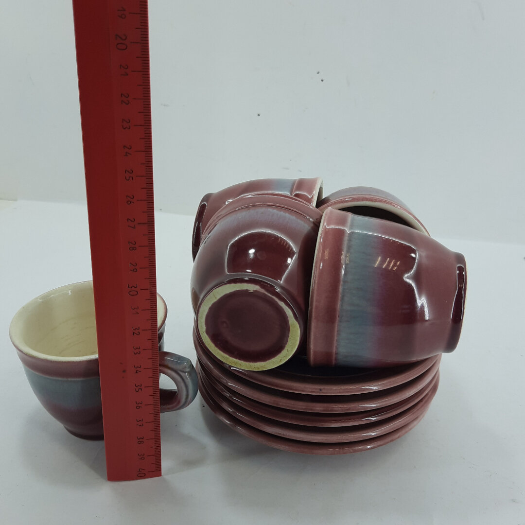 Набор из 5 чайных пар, обливная керамика, на одной чашке трещина, кракелюр, СССР