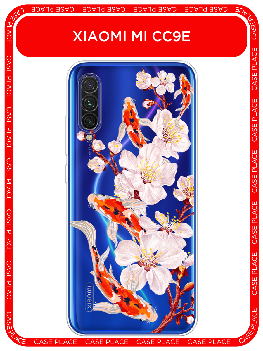 Чехол на Xiaomi Mi CC9E/Mi A3 / Сяоми Mi CC9E/Mi A3 с принтом Карпы и сакура, прозрачный