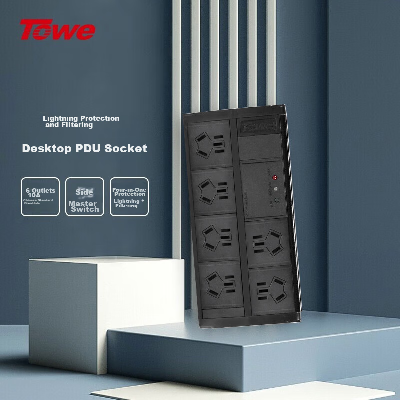 TOWE Lightning Protection Filter Desktop PDU Socket, Surge Protection Socket, Power Filter Socket, Audio-Specific Power Purifier, 6-Outlet Master Control, APZ-1026SF
