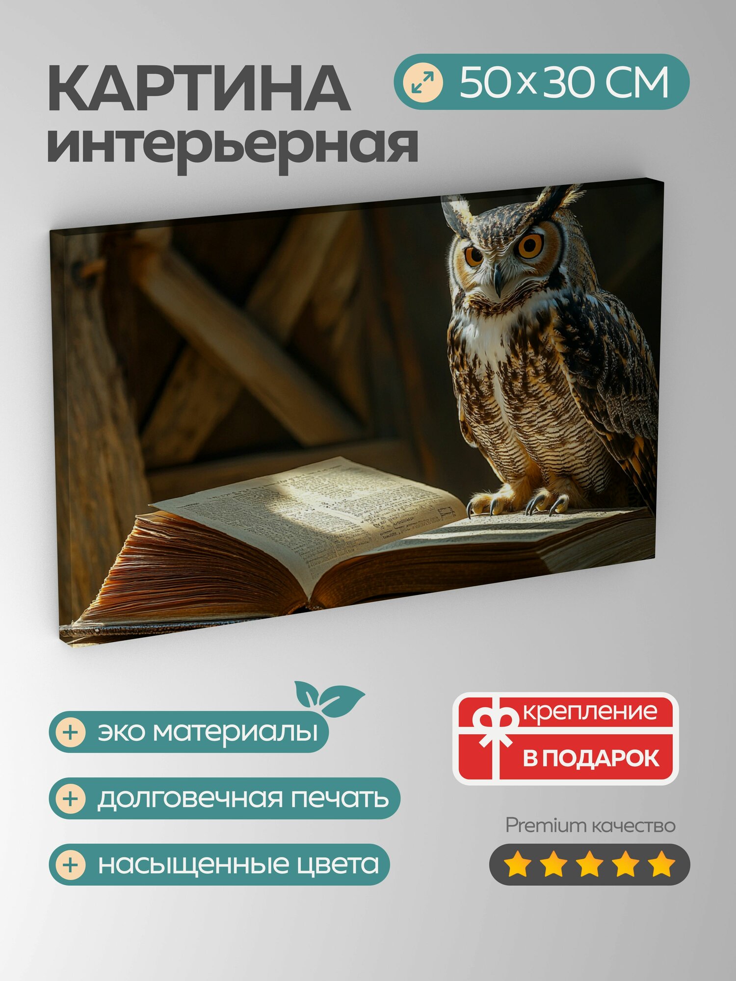 Картина на холсте интерьерная 50х30 см, сова, перья, величественная, текстура, путеводитель, очарование, масштаб 5:3