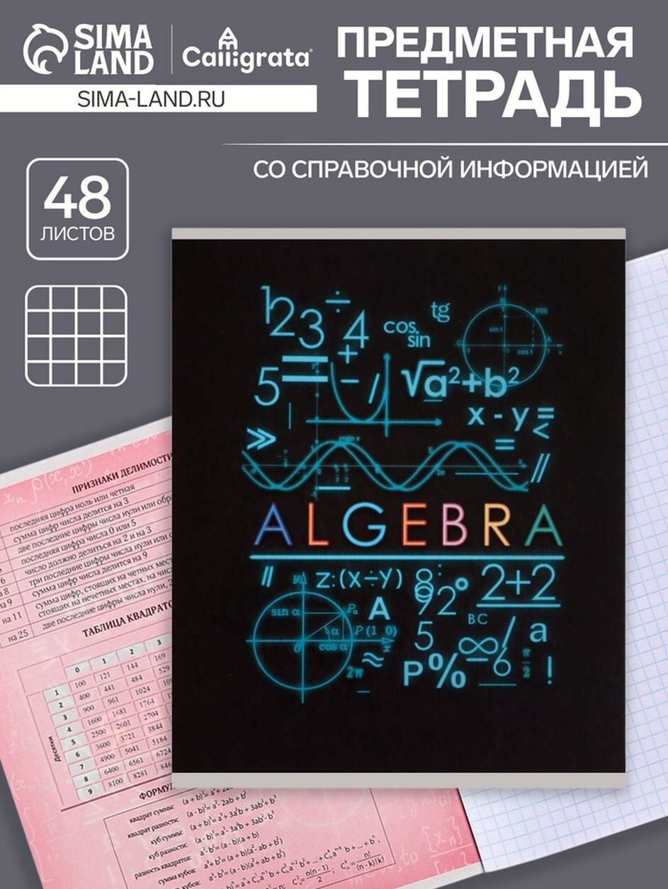 Тетрадь предметная 48 листов в клетку Calligrata, «СуперНеон. Алгебра», обложка мелованный картон
