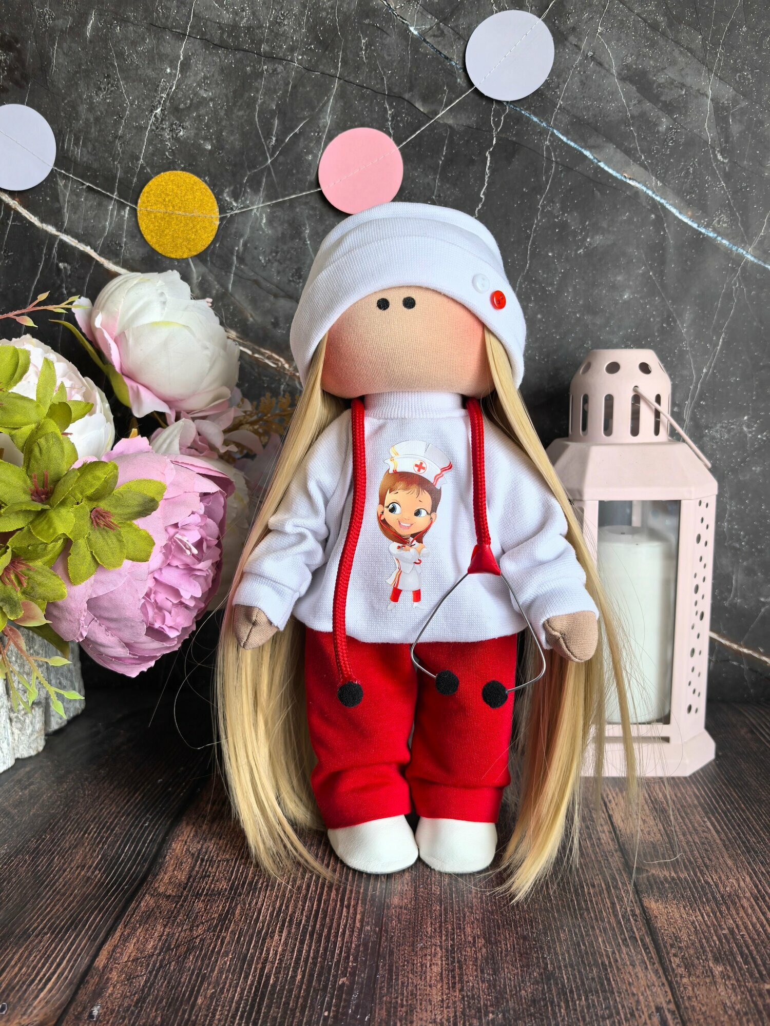 Интерьерная текстильная кукла Тильда 28 см ручной работы