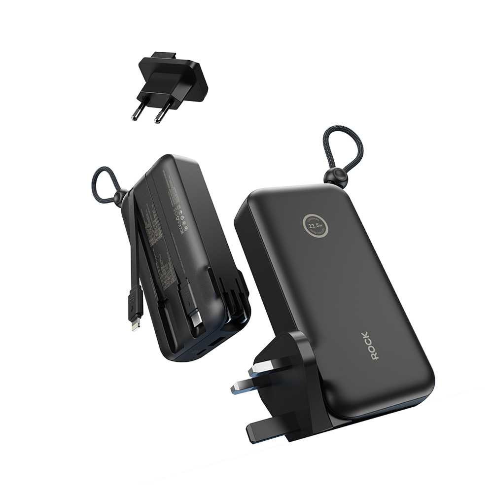 ROCK Y30 Wall Charger Power Bank 22.5W With Built-in Cable 10000mAh (US/UK/EU), чёрный