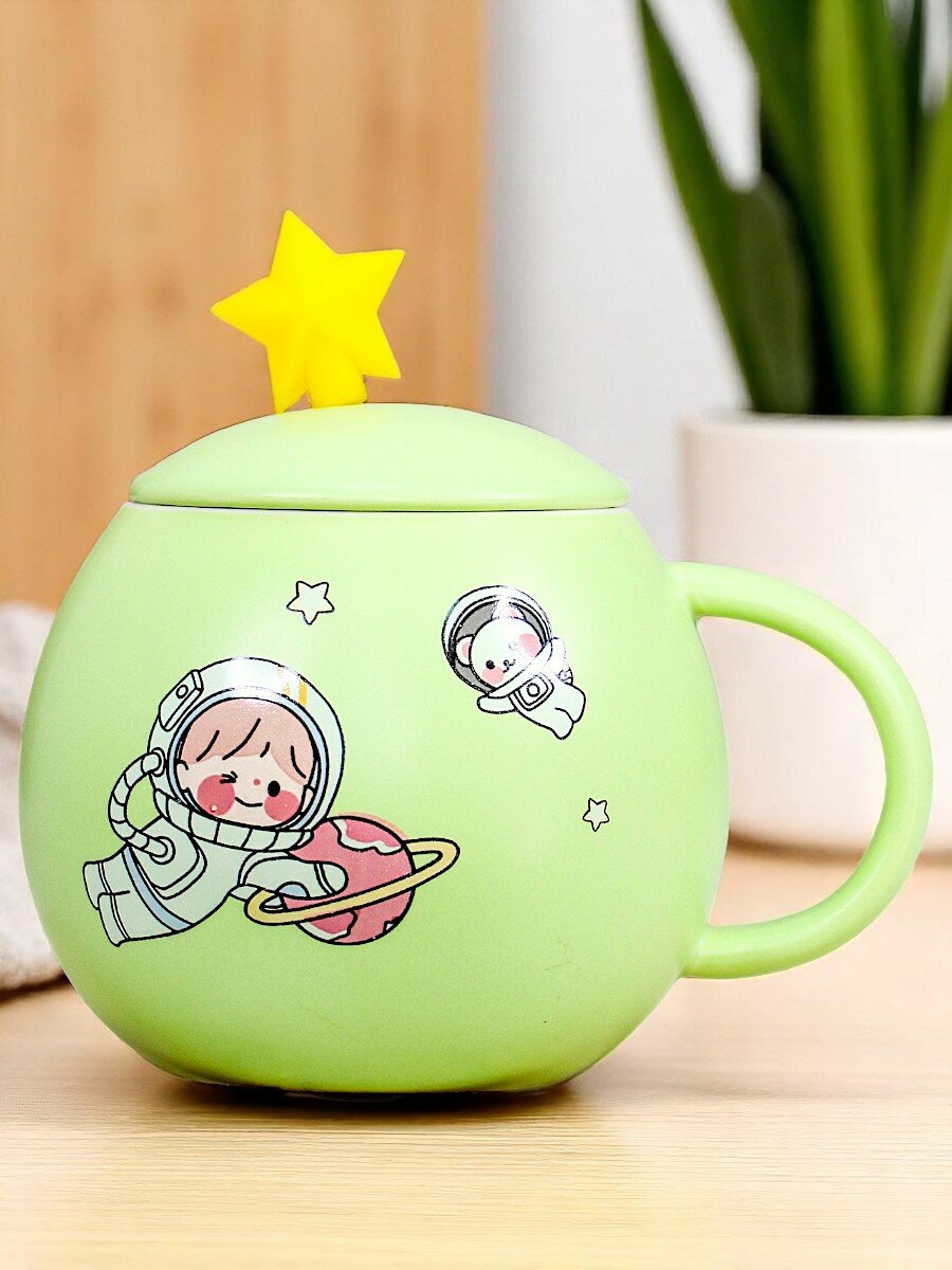 Кружка для чая с ложкой Познавая Космос зеленый 450 мл, кружка детская с крышкой, керамическая, подарочная