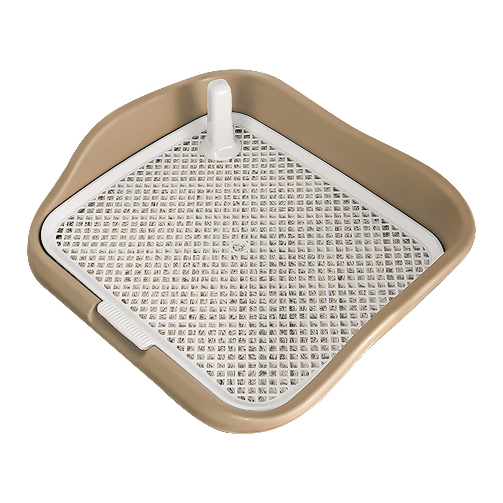 Лоток для собачьего туалета с приподнятыми бортиками, съемной сетчатой подкладкой и столбиками, предотвращающими разбрызгивание. Большое пространство для дрессировки собак. Кофейный