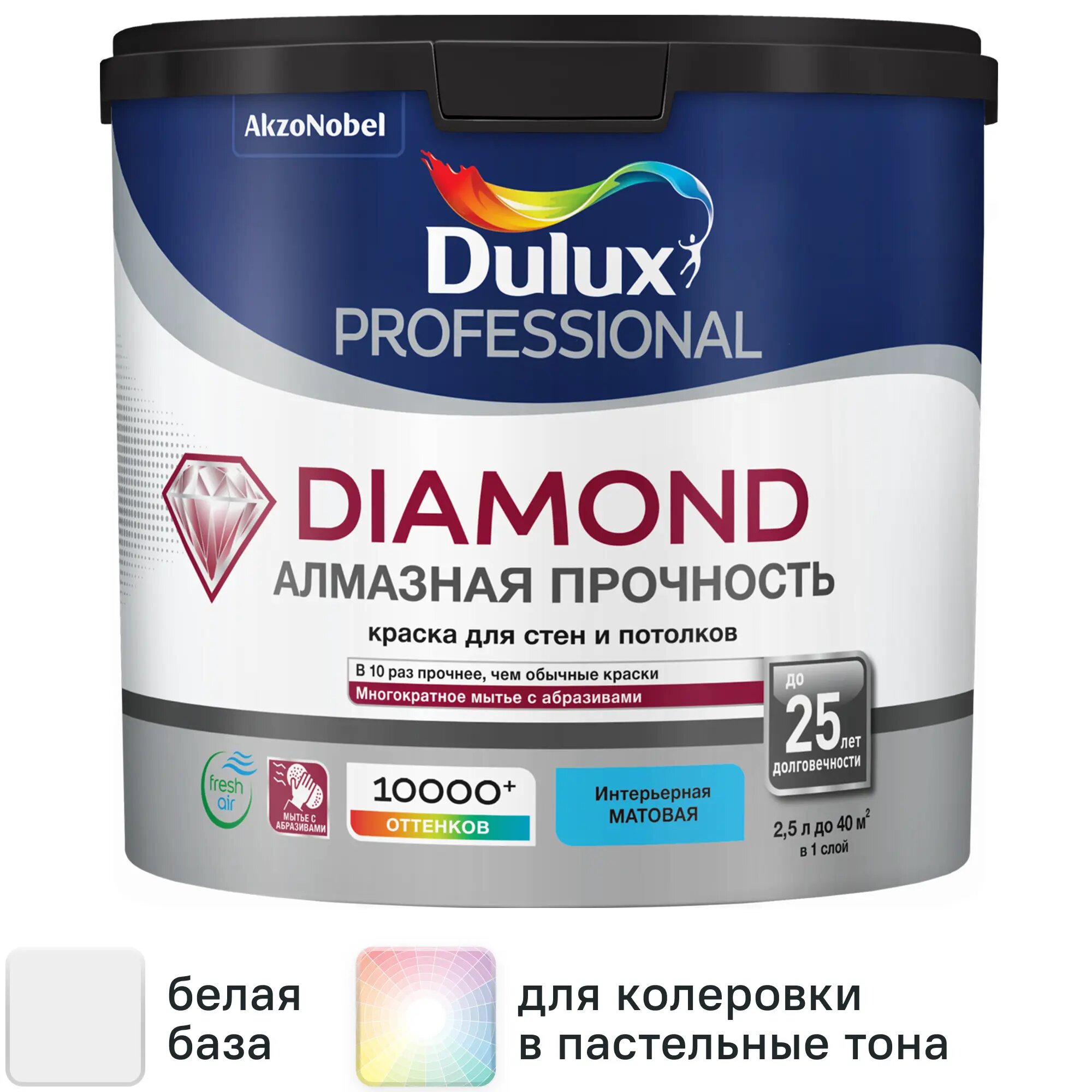 Краска для стен и потолков Dulux Professional Diamond Matt моющаяся матовая цвет белый база BW 2.5 л