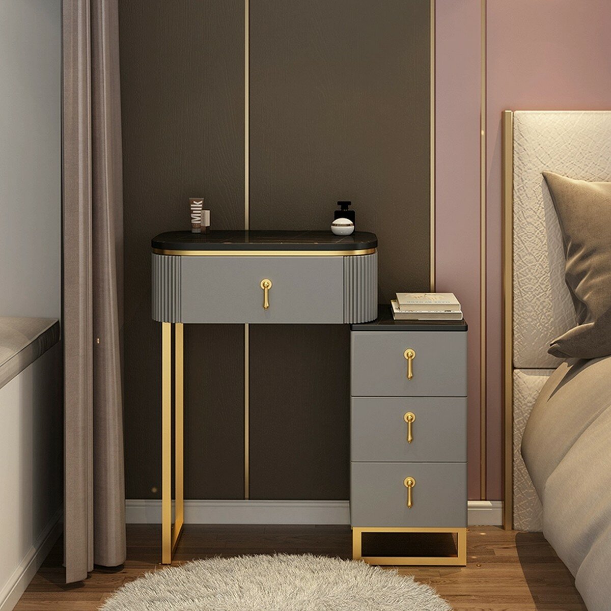 Небольшой туалетный столик с узкой тумбой Marta (серый с черной столешницей 50 см без пуфа без зеркала)