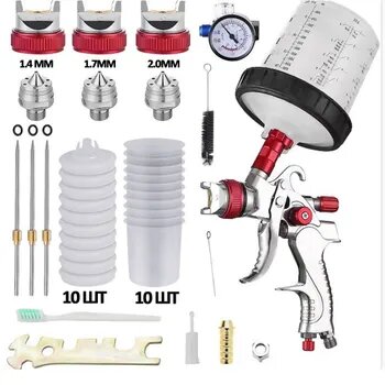 Набор пистолетов-распылителей, HVLP, с манометром и чашками, для грунтовки авто и мебели