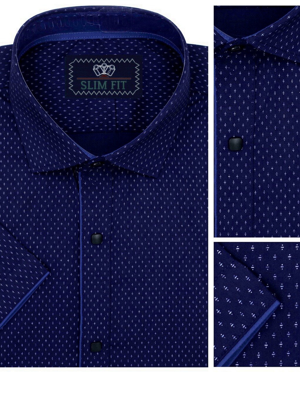 Рубашка приталенная с коротким рукавом мужская рубашка, темная сорочка, на кнопках, рубаха на любой сезон, синяя в мелкий рисунок, без карманов, с отделкой рубашка