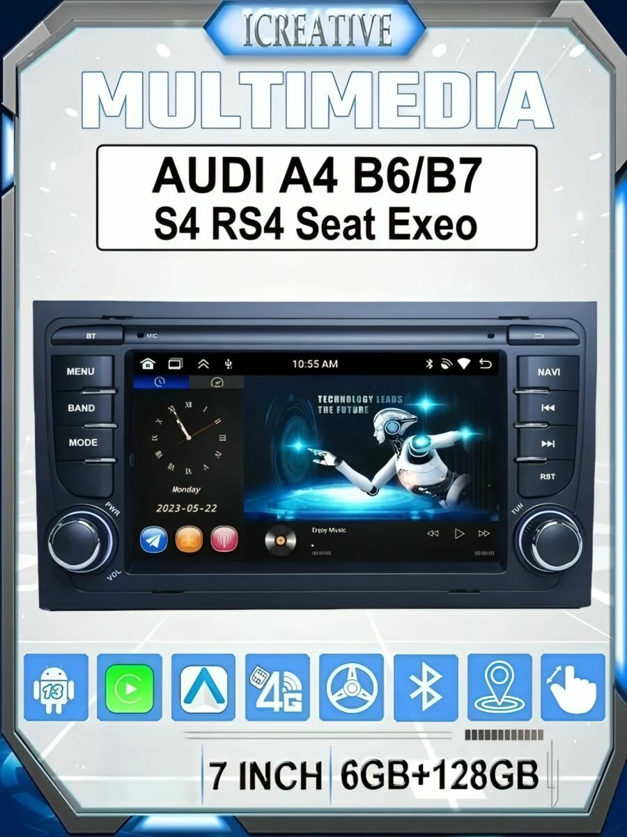 Штатная магнитола, для Audi A4 B6/B7 S4 RS4, для Seat Exeo, 7", 2 DIN, 6ГБ/128 ГБ, 4G+WIFI