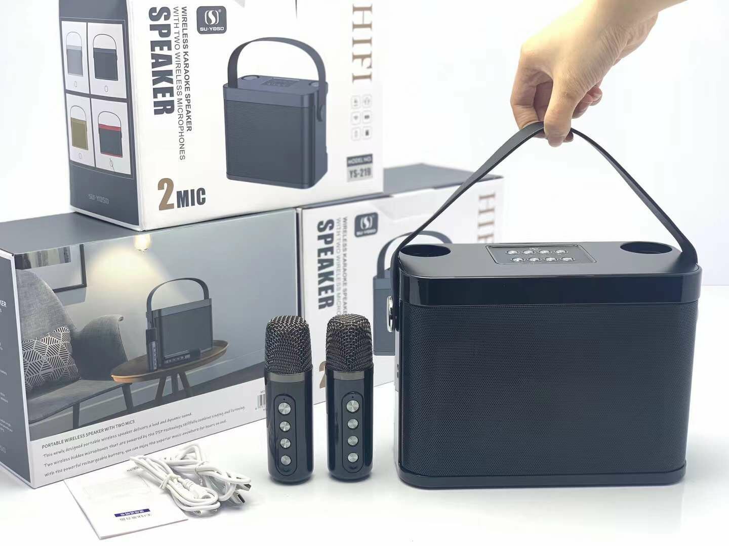Караоке-система YS-219 портативная, беспроводной динамик, два микрофона (черный)