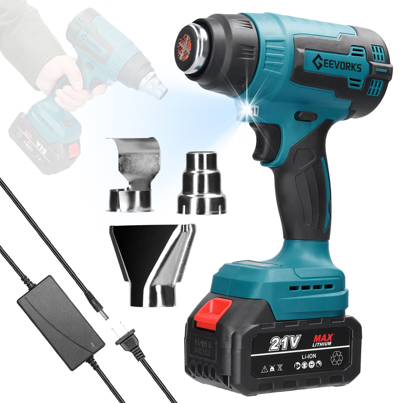 Беспроводной ручной фен с литиевым аккумулятором, высокотемпературный электроинструмент с 3 насадками для термоусадочной пленки и нагревательных трубок из ПВХ.