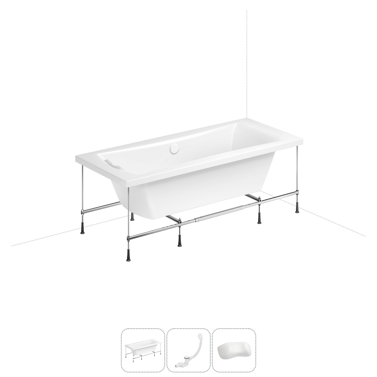 Акриловая ванна 170x75 с каркасом Lavinia Boho Evan 20220922R в наборе 4 в 1: прямоугольная ванна 170 x 75 см, каркас, слив-перелив, подголовник